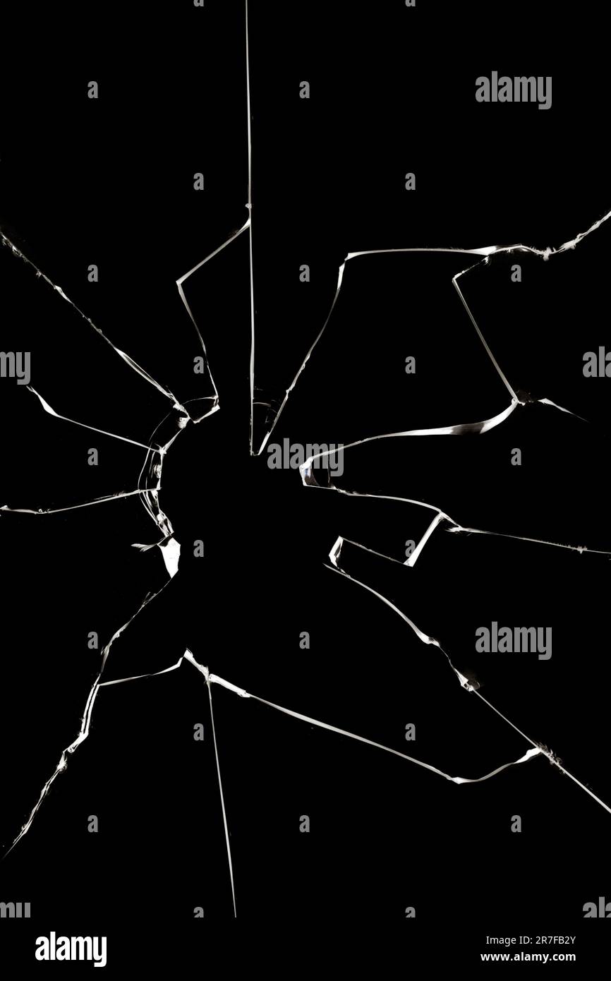 Black broken glass and white cracked texture on window broken by ...