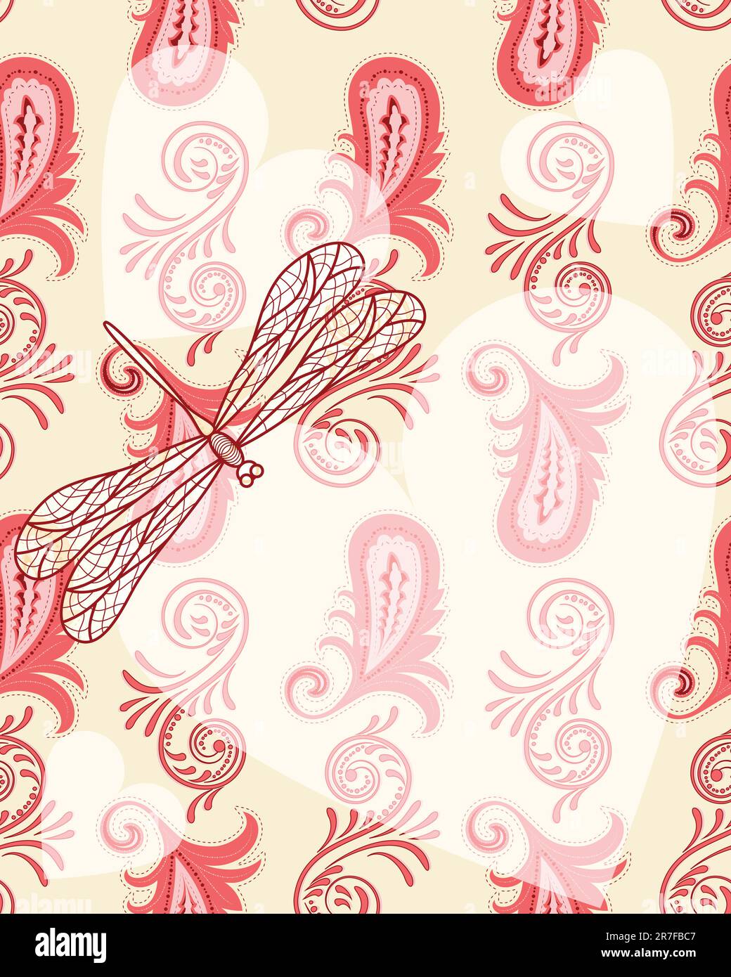 vector transparent hearts with dragonfly on seamless paisley pattern.4 ...