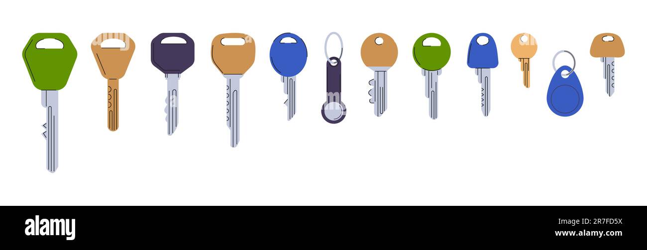 Door keys vector set. Modern keys different ornament heads. Metal ...
