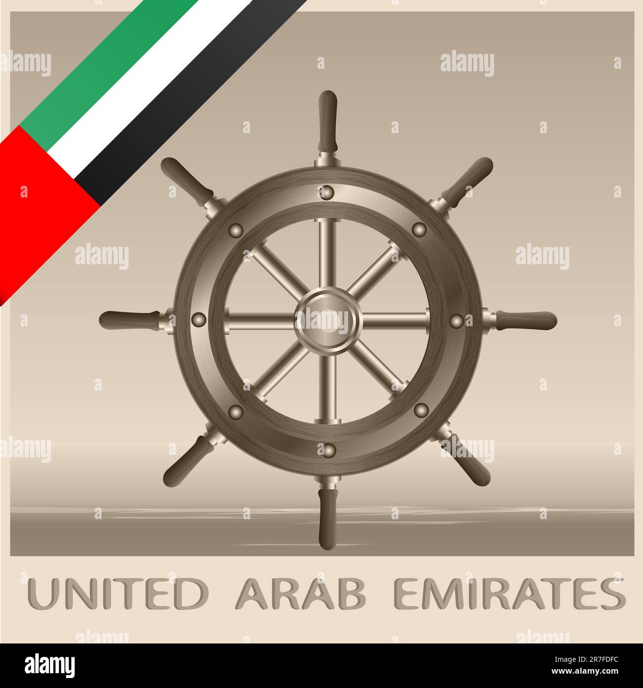 Flag of the United Arab Emirates and steering wheel on a light ...