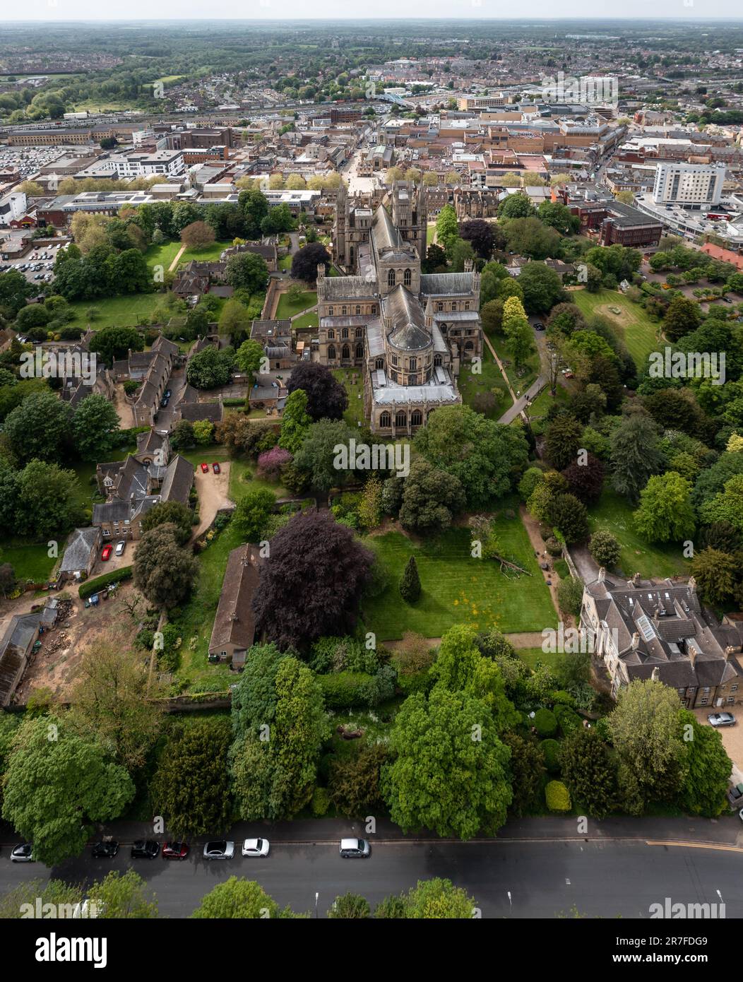 PETERBOROUGH CATHEDRAL, UK - MAY 17, 2023. An aerial landscape view of ...