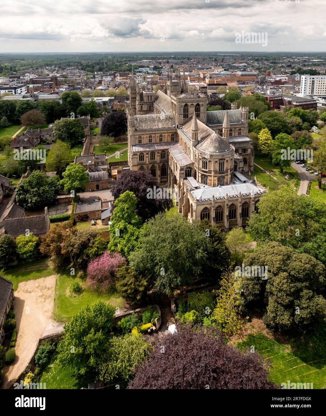 PETERBOROUGH CATHEDRAL, UK - MAY 17, 2023. An aerial landscape view of ...