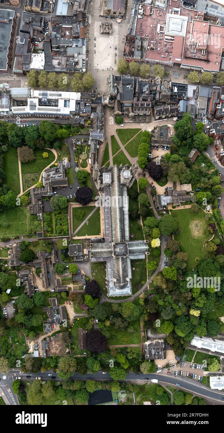 PETERBOROUGH CATHEDRAL, UK - MAY 17, 2023. An aerial landscape view ...