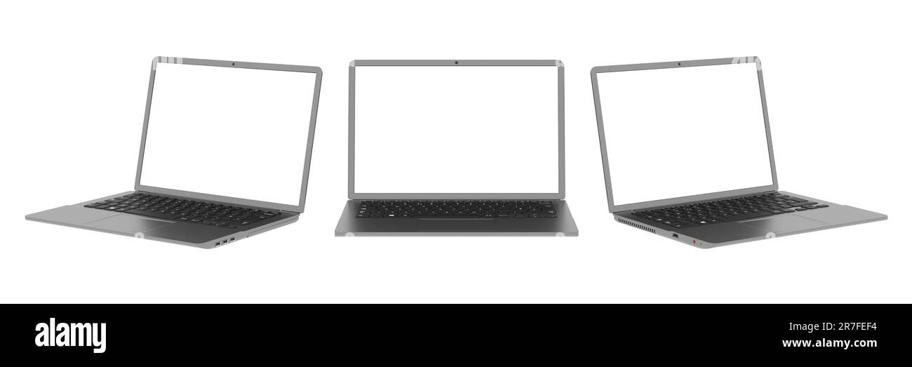 A set of three isolated images of a black laptop from different angles ...