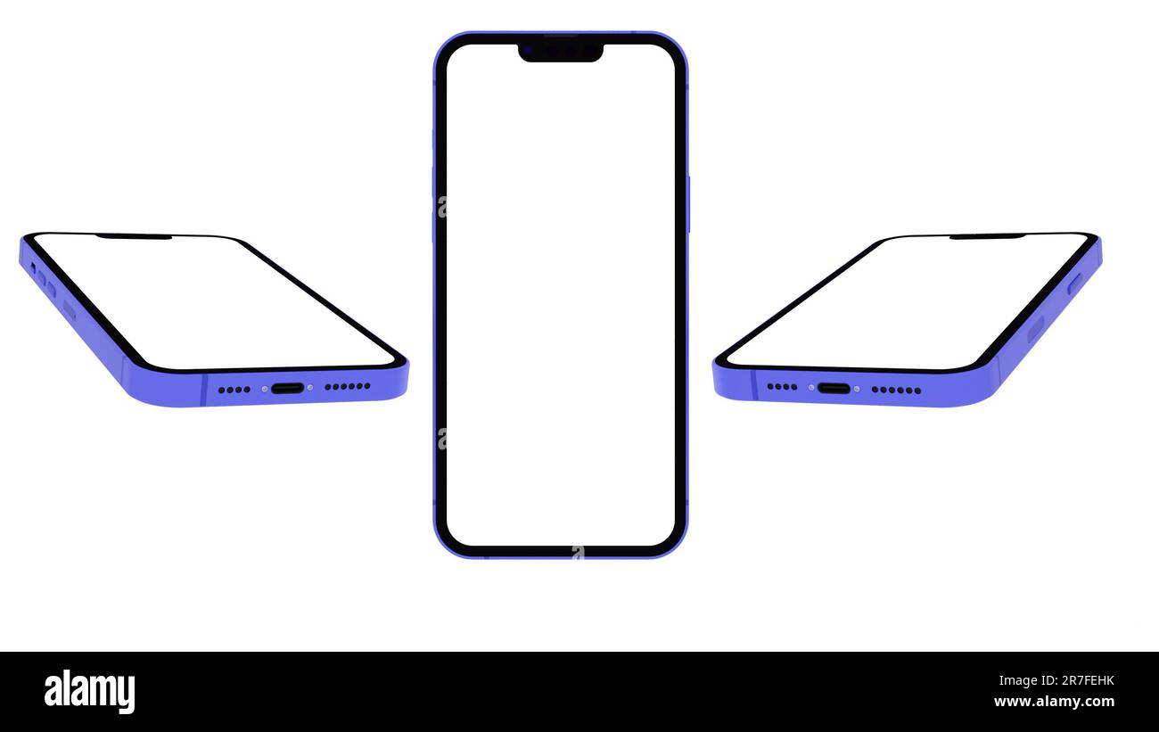 A set of three isolated images of a blue smartphone from different ...