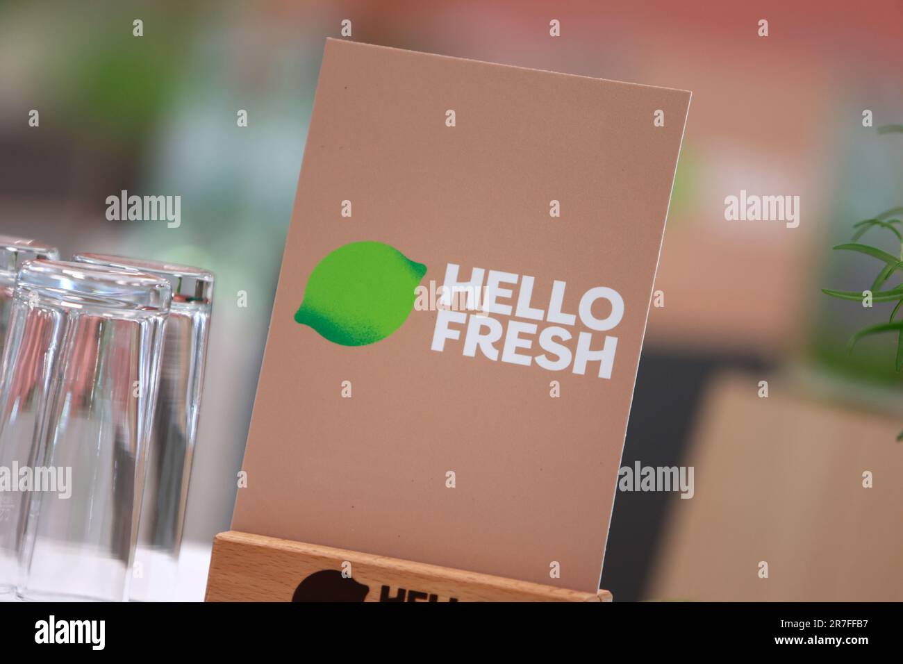 Barleben, Germany. 15th June, 2023. A table display with the HelloFresh ...