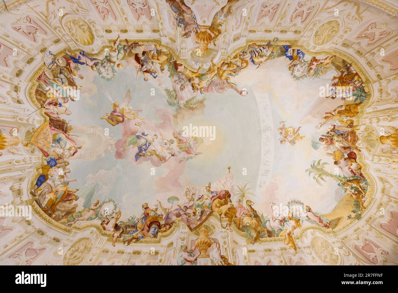 The painted ceiling of the Pavilion in the Baroque Garden at Melk Abbey ...