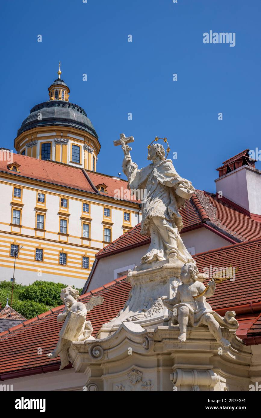 Saint Johannes Nepomuk Statue in Hauptplatz with Melk Abbey, Melk ...