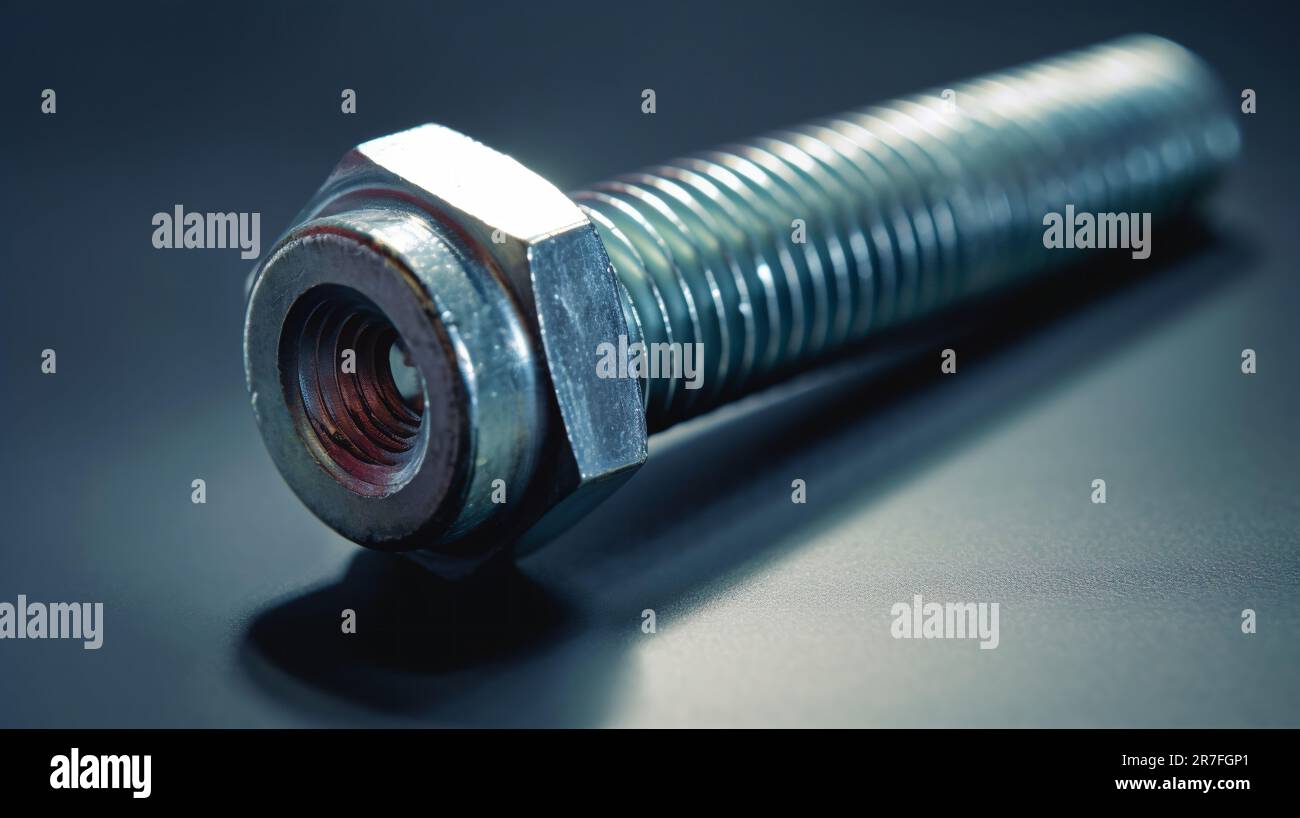 A macro studio shot of an unfastened silver bolt on a solid background ...