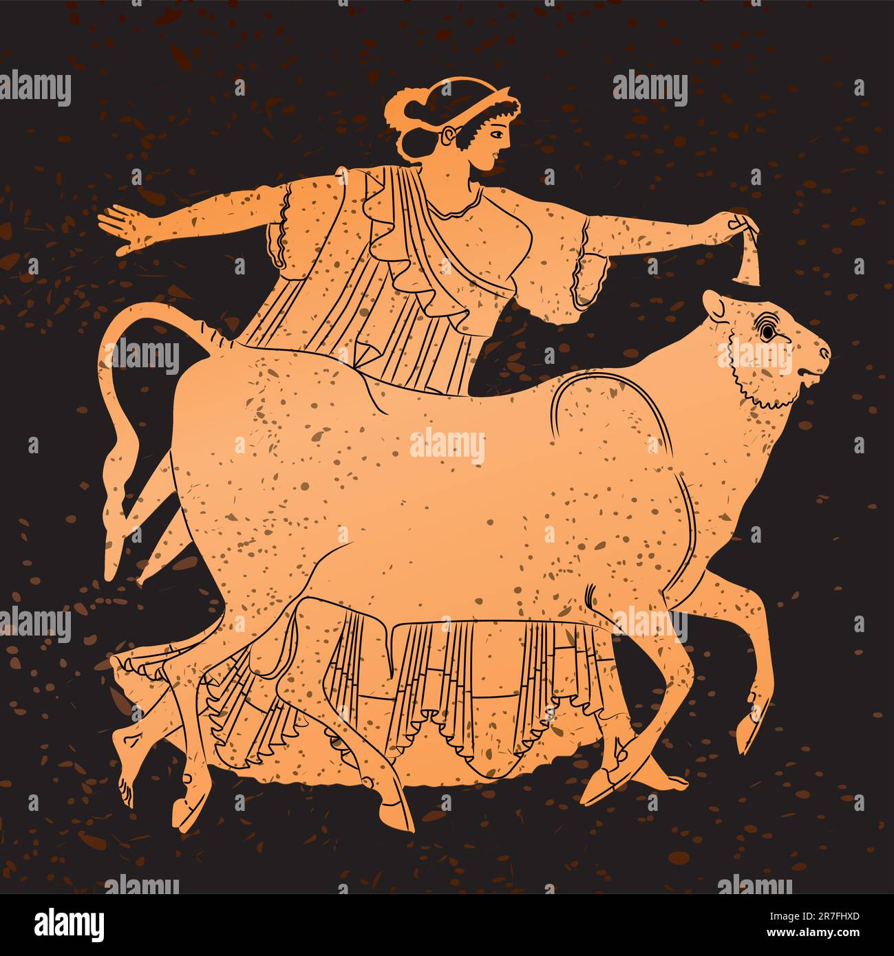 Greece mural painting, Woman and Bull. Editable vector image Stock ...
