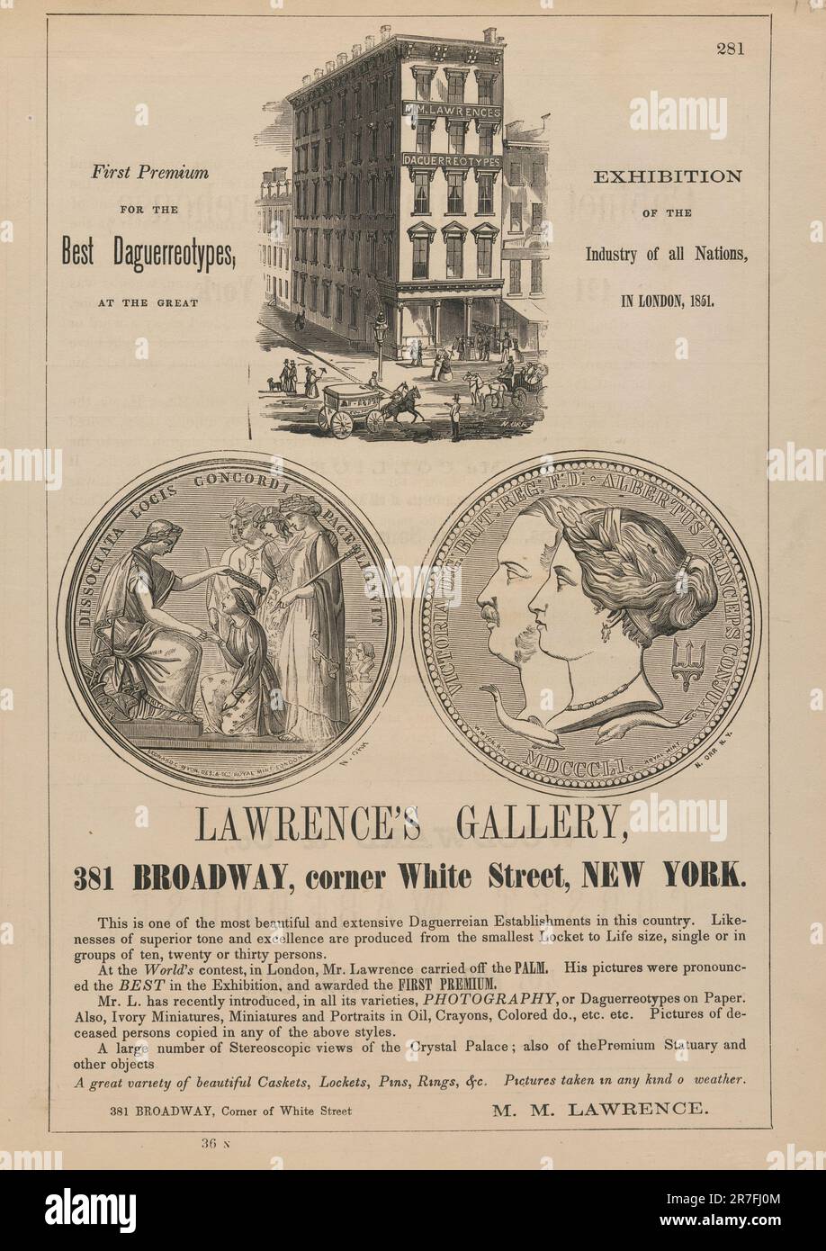 Advertisement for M. M. Lawrence's Gallery, New York 1854 Stock Photo ...