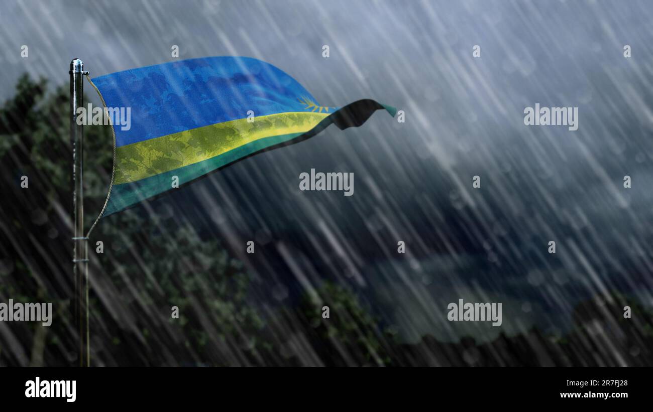 flag of Rwanda with rain and dark clouds, tempest forecast symbol ...