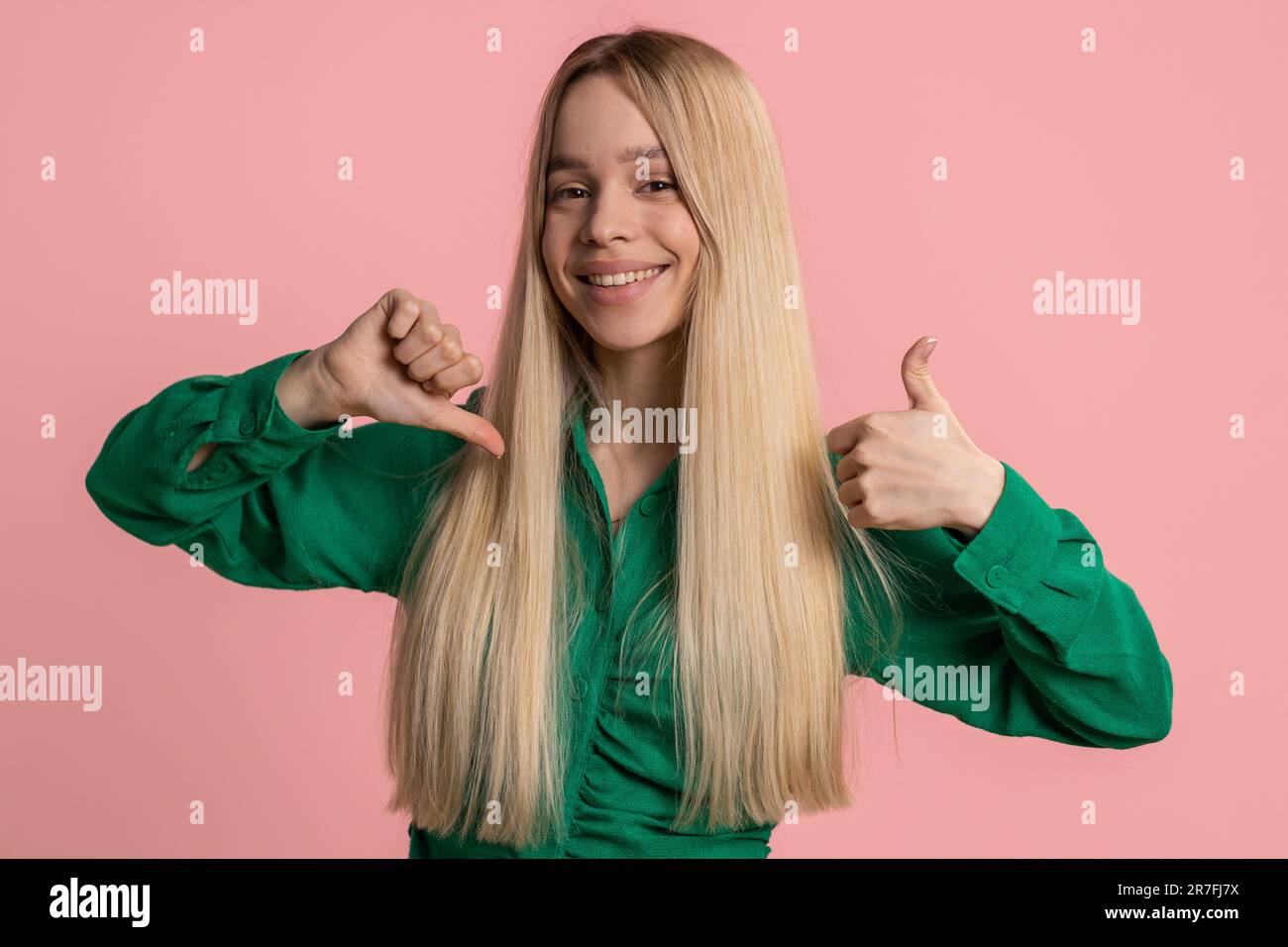 I am the best, choose me. Young excited caucasian woman winner feeling ...