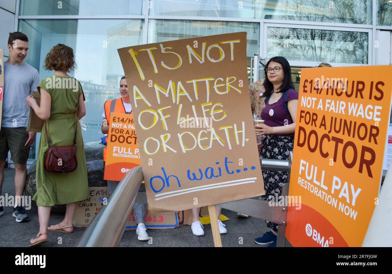London, UK. 15th June, 2023. Strike placards are seen at the British ...