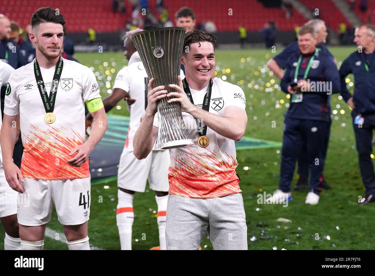 West Ham United's Conor Coventry with the trophy following victory over ...