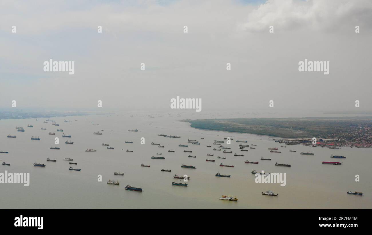 aerial view cargo and passenger seaport with ships Tanjung Perak ...