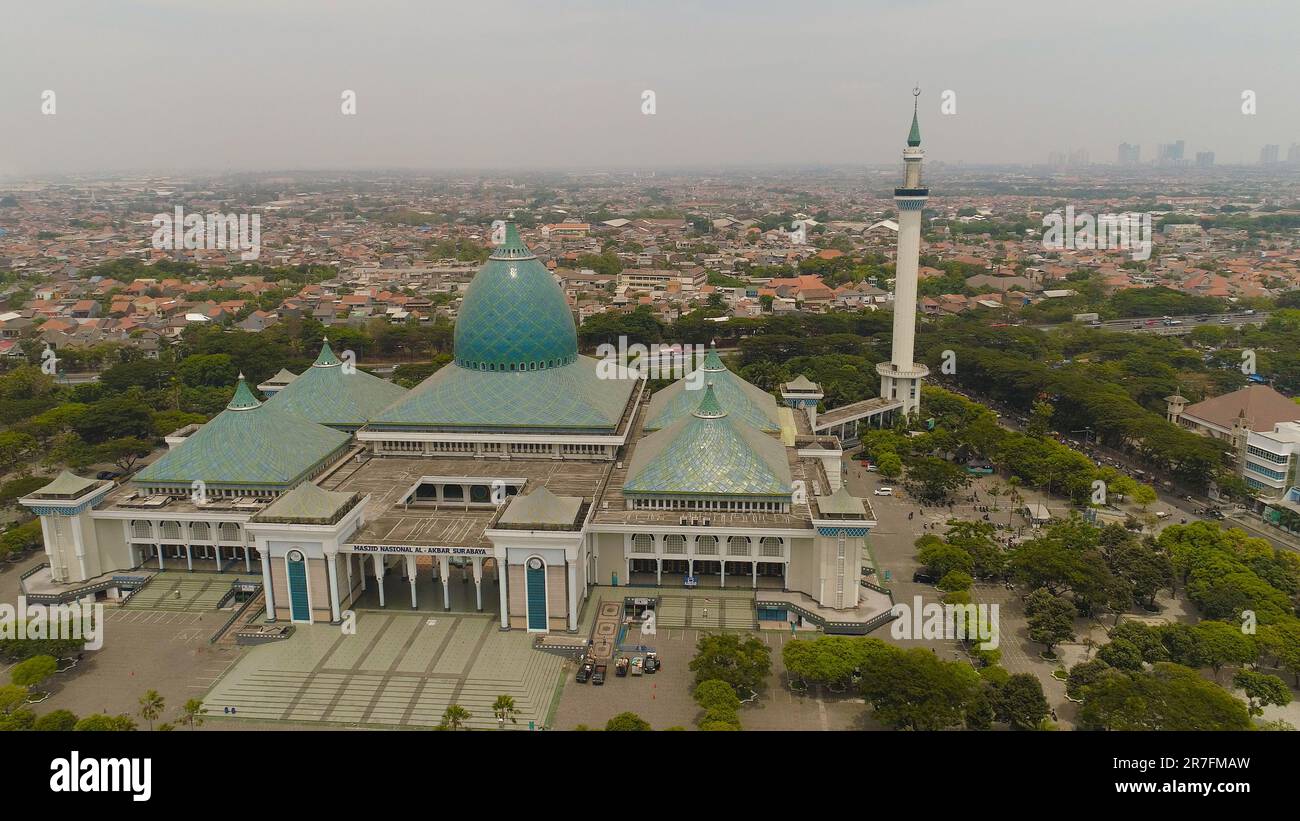 aerial view cityscape city Surabaya with mosque Al Akbar, highway ...