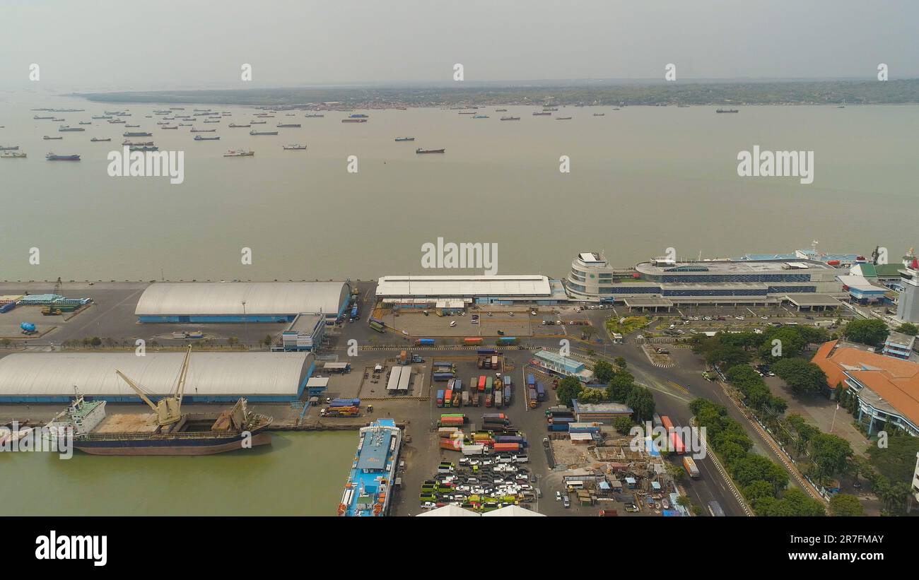 aerial view cargo and passenger seaport with ships Tanjung Perak ...