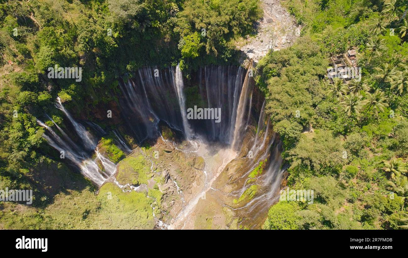 aerial view waterfall coban sewu in Java, indonesia. waterfall in ...