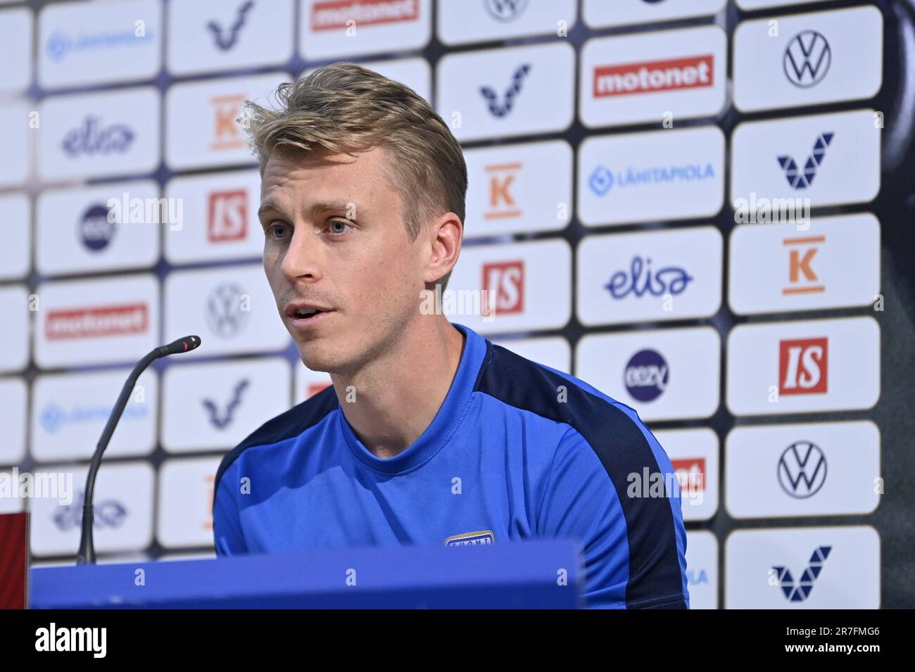 Helsinki, Finland. 15th June, 2023. Rasmus Schuller reacts during an ...