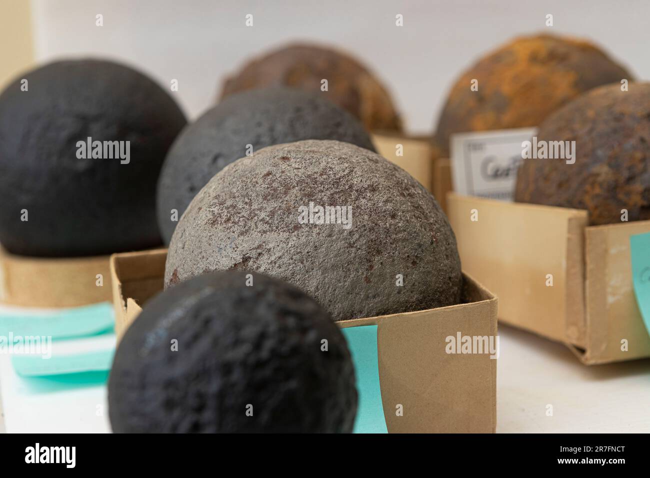 A collection of French and English cannonballs at the Quebec Museum ...