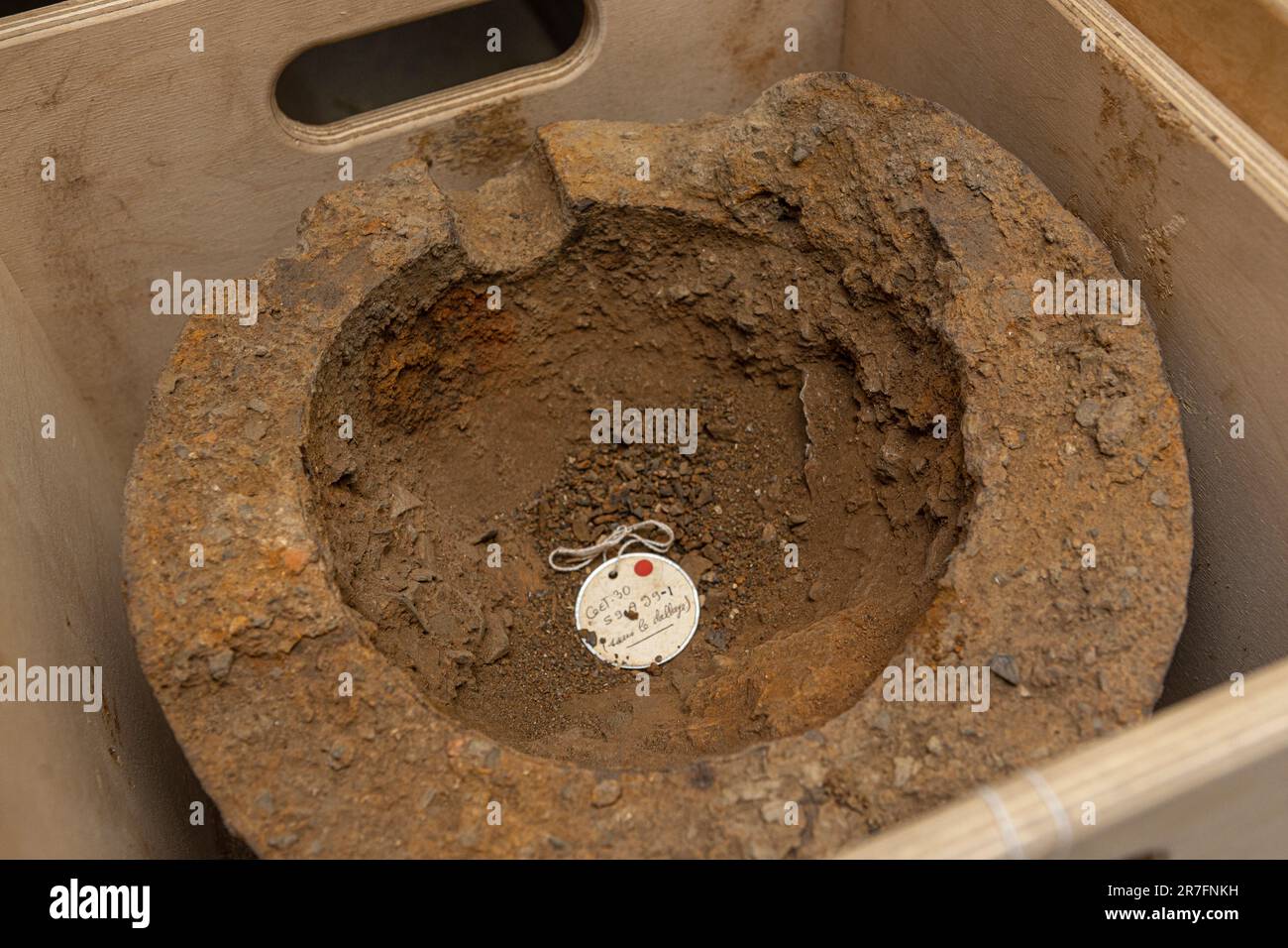 An English bomb, split in half after impact, is seen at the Quebec ...
