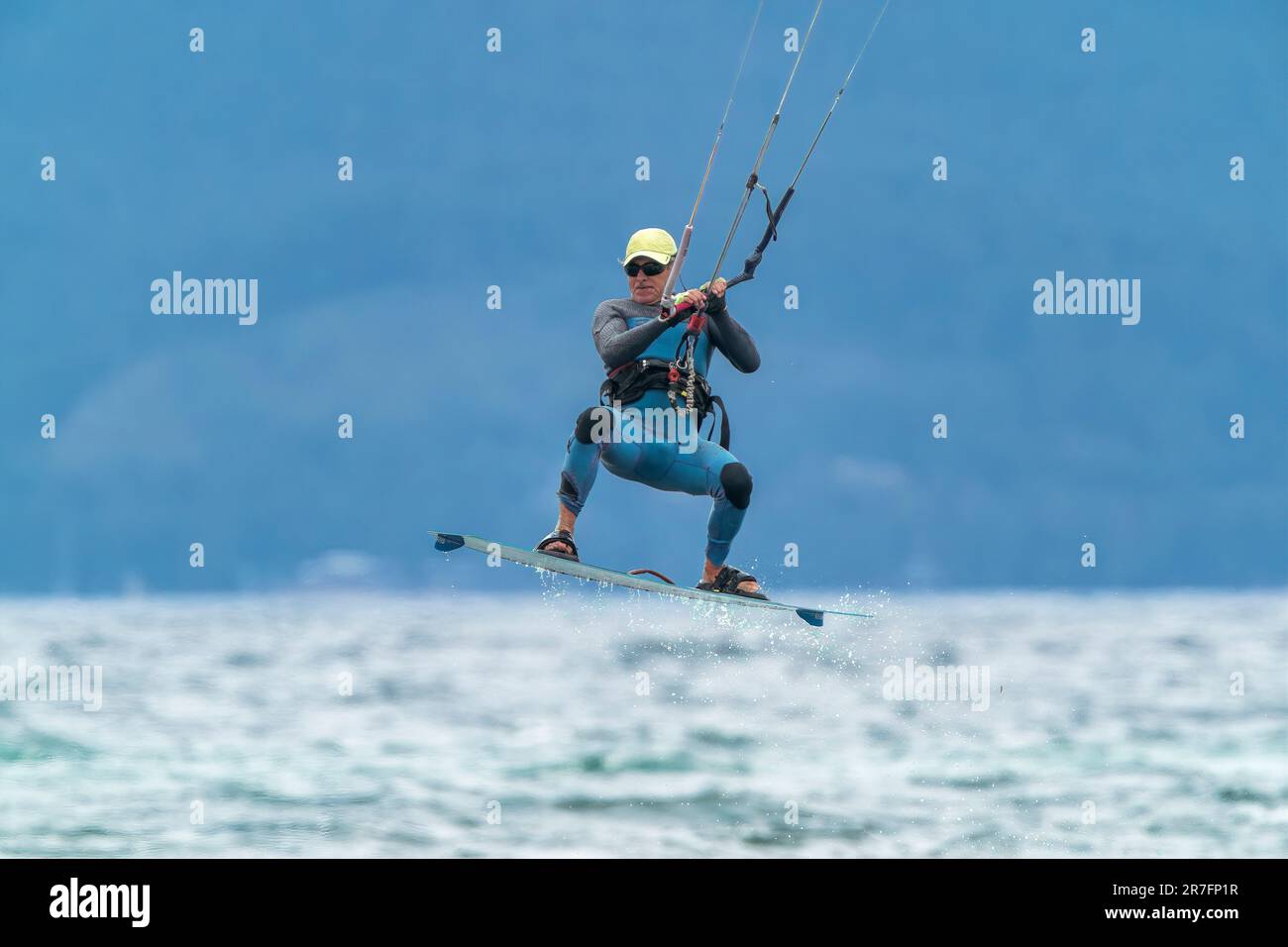 kite surfer in action, airborne over the sea, Mallorca, Spain Stock ...