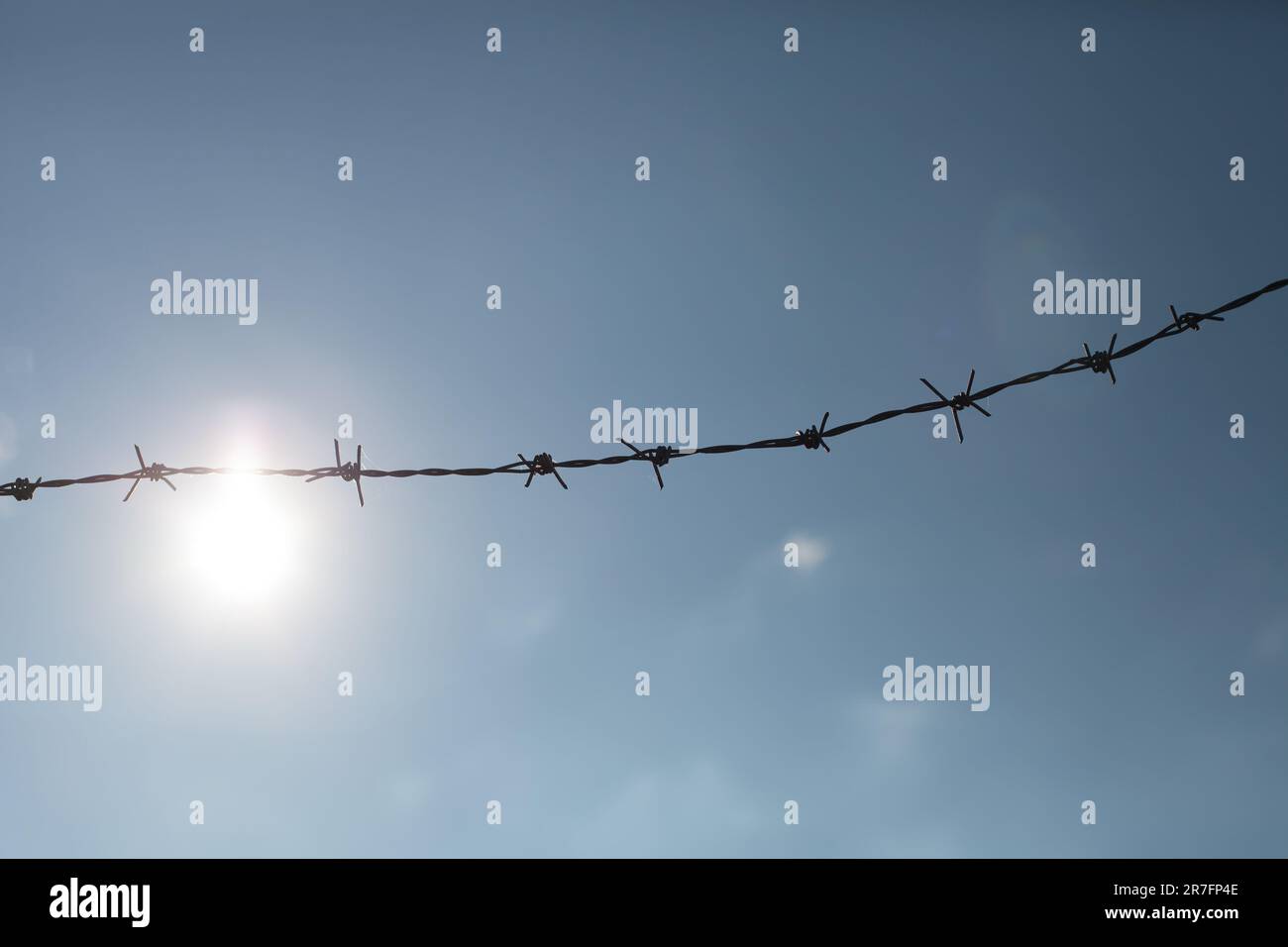 Blue sky backdrop for barbed wires. Freedom concept Stock Photo - Alamy