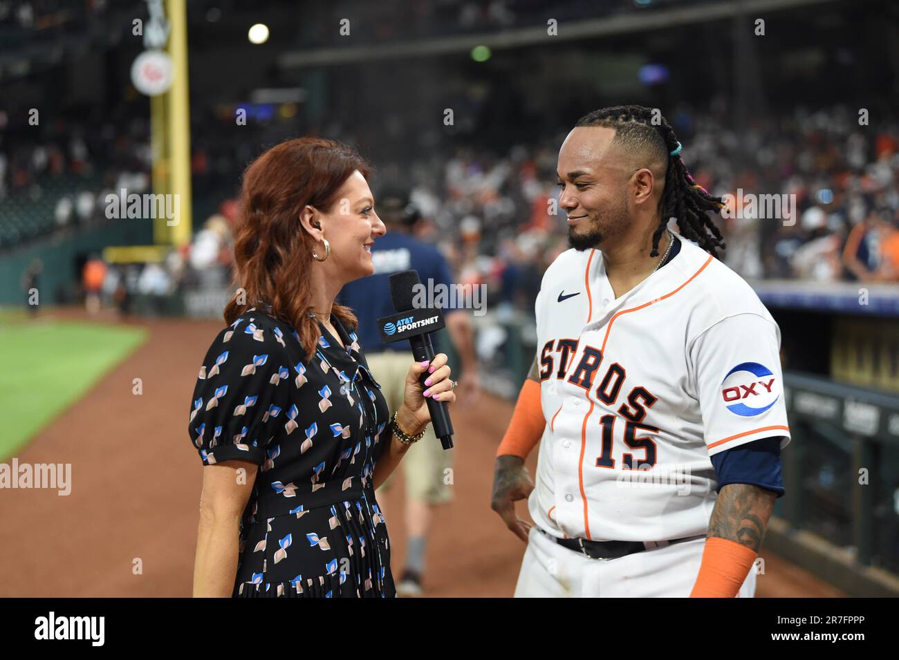 Houston Astros catcher Martin Maldonado (15) is interviewed by Julia Morales after the MLB game ...