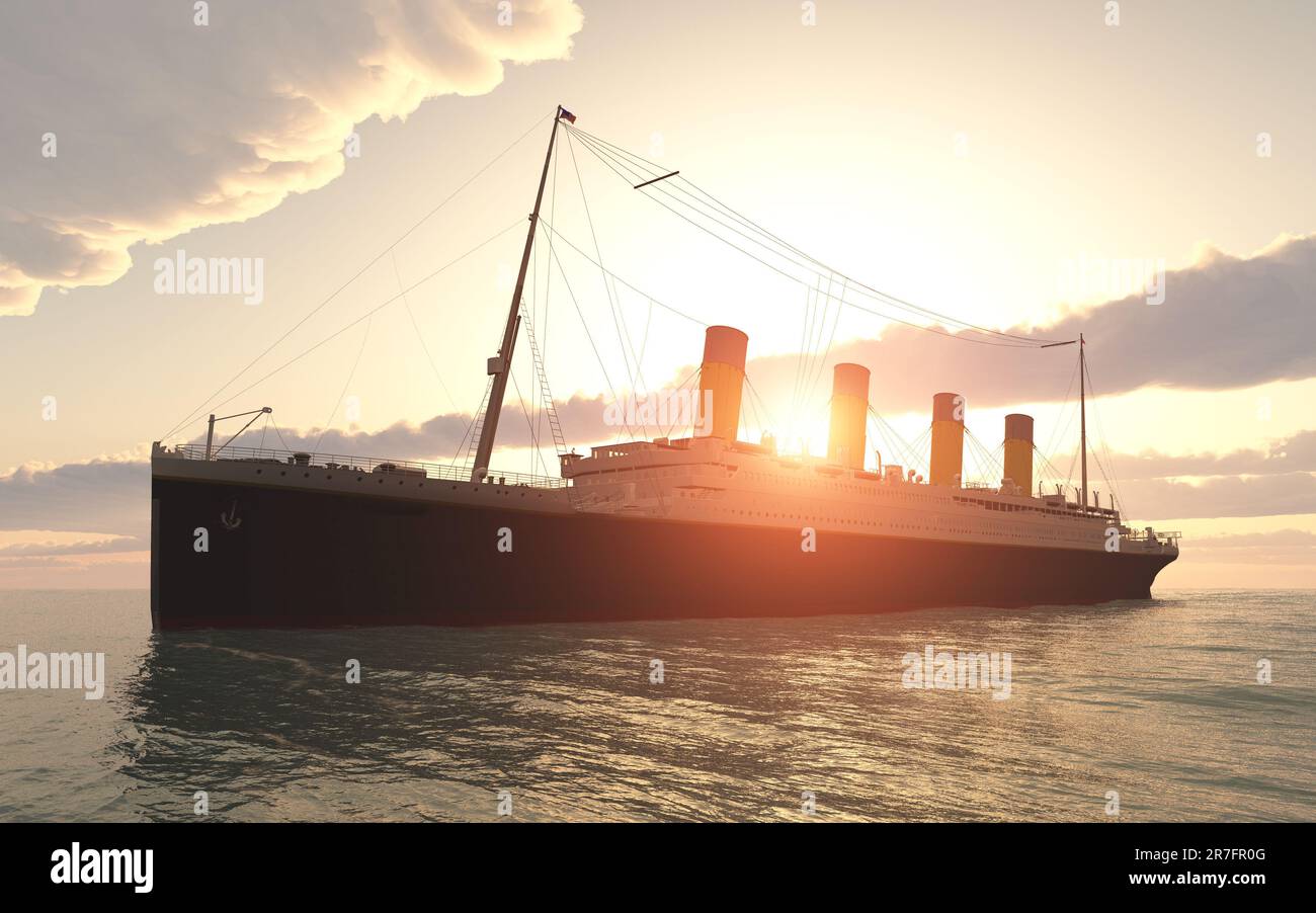 Historic passenger ship RMS Titanic on the high seas at sunset Stock ...