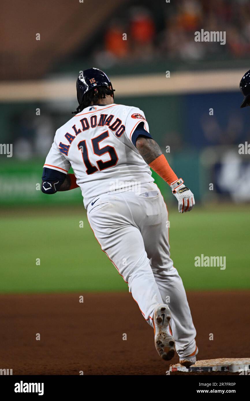 Houston Astros catcher Martin Maldonado (15) rounds first base after ...