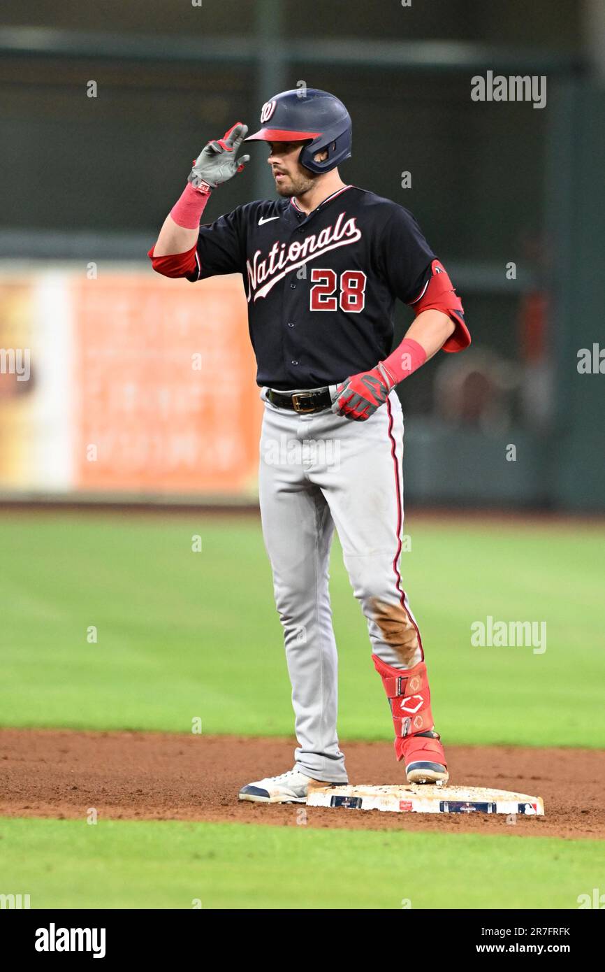 Washington Nationals right fielder Lane Thomas (28) doubles to center ...