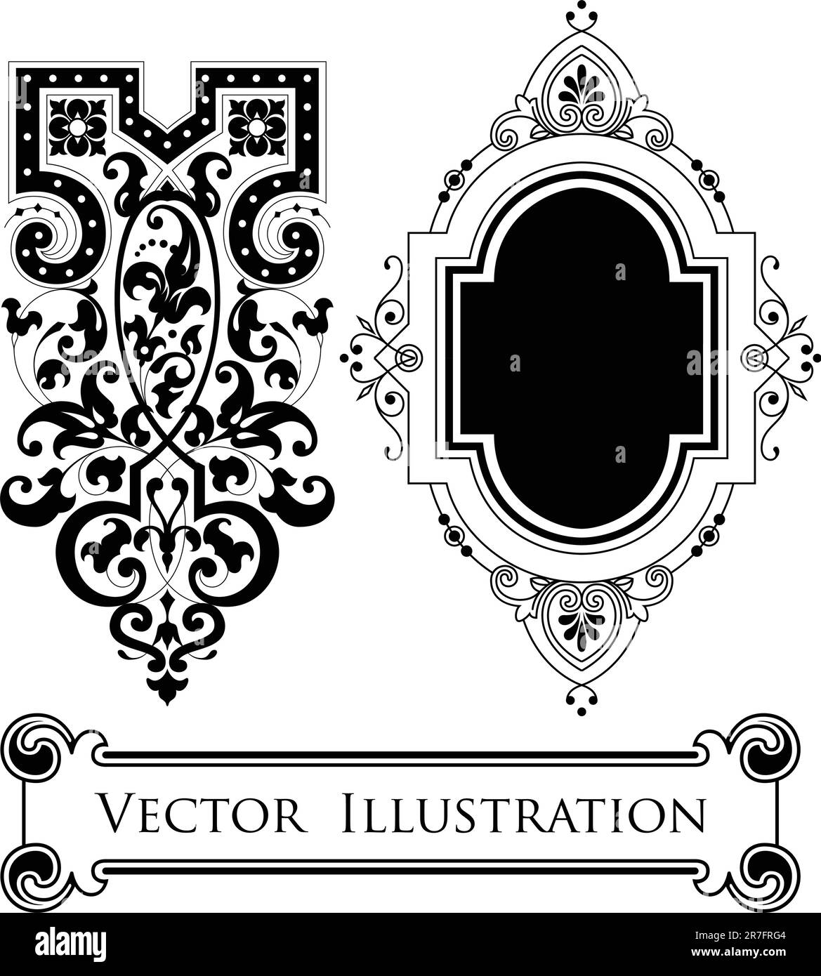 Illustration of vintage floral frame and banner isolated on white Stock ...