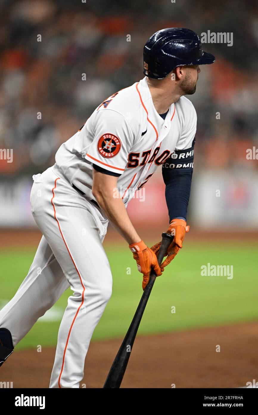 Houston Astros center fielder Chas McCormick (20) hits a solo 392-foot home run to left center ...