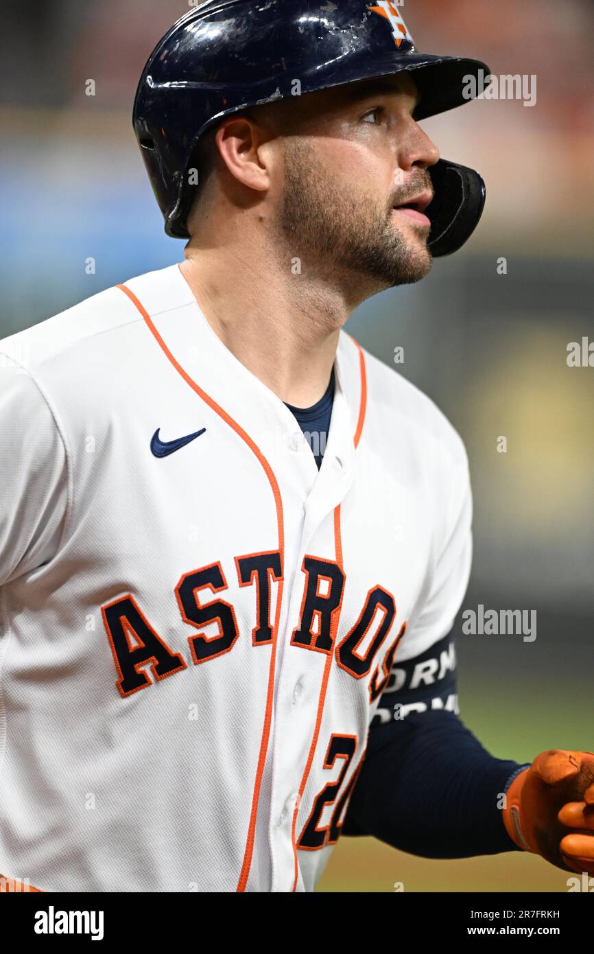 Houston Astros center fielder Chas McCormick (20) hits a solo 392-foot home run to left center ...