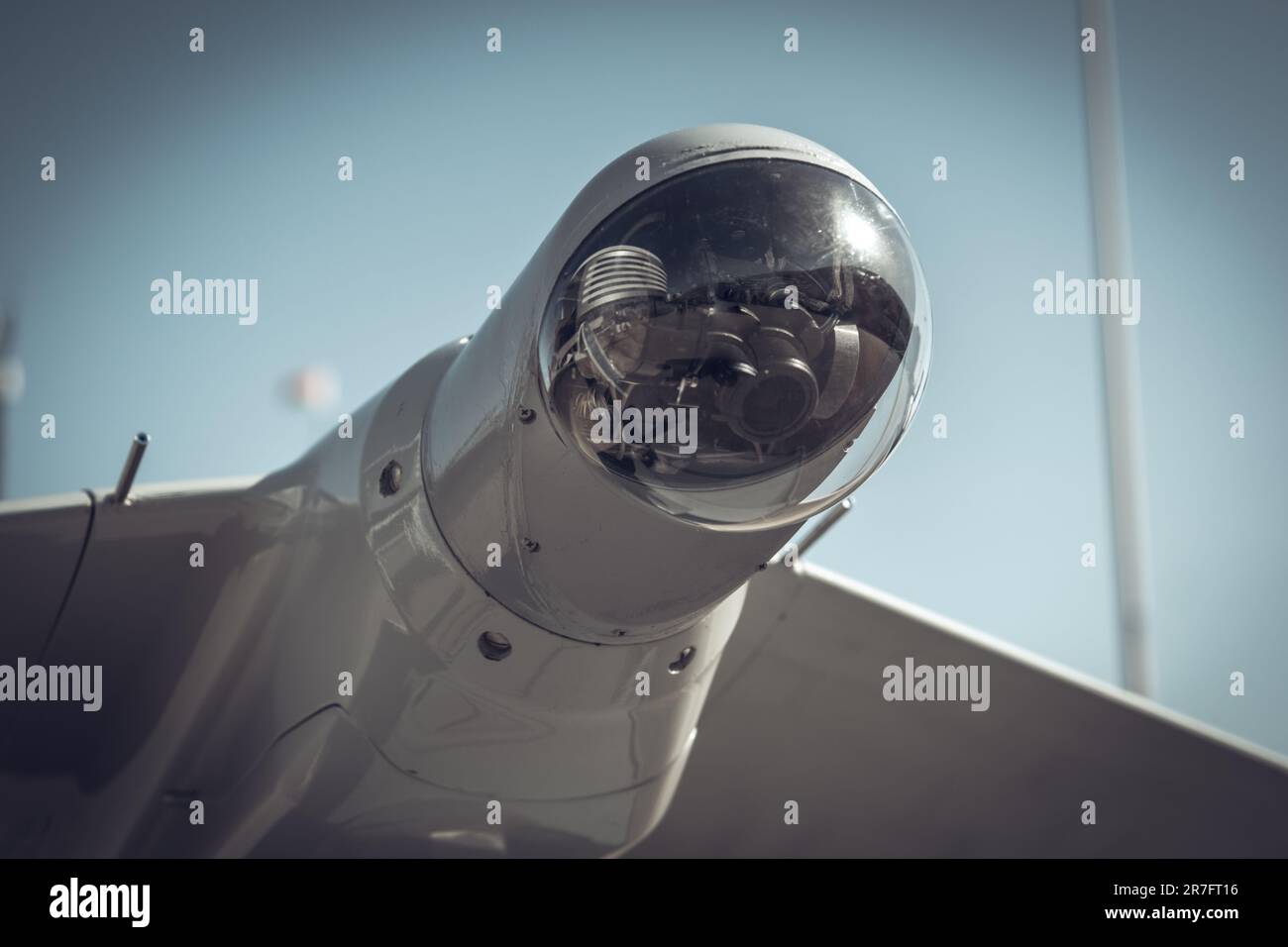 Camera in the head of an unmanned military drone close-up, modern ...