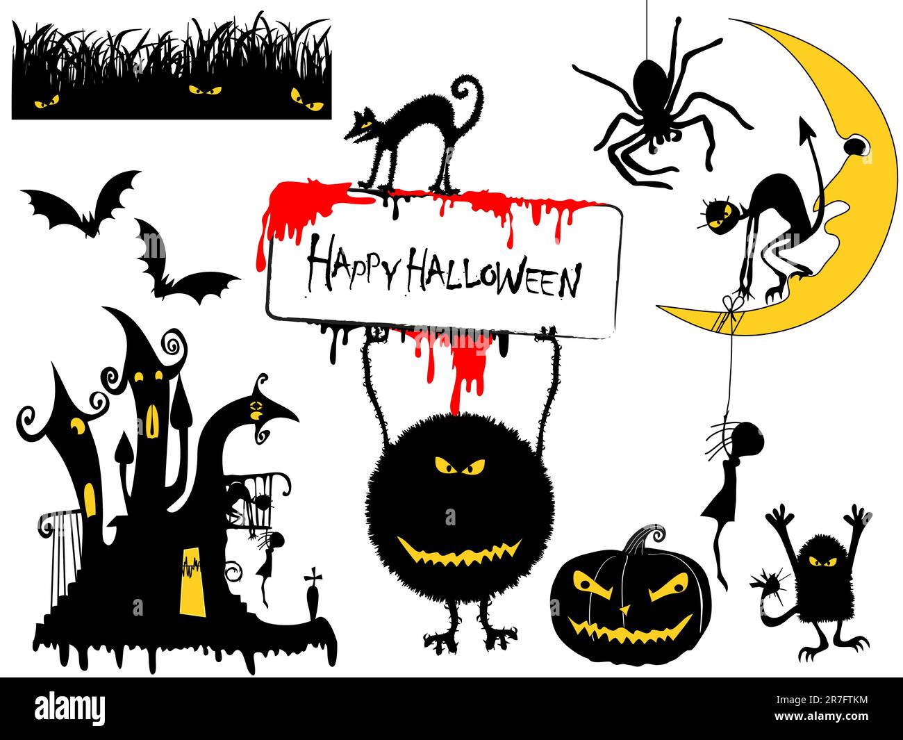 Various Halloween Design Elements; monsters, bats, cat, spider and ...