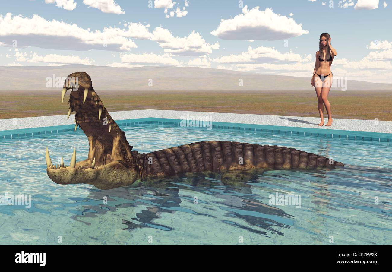 Woman In Bikini At The Poolside And Prehistoric Crocodile Kaprosuchus