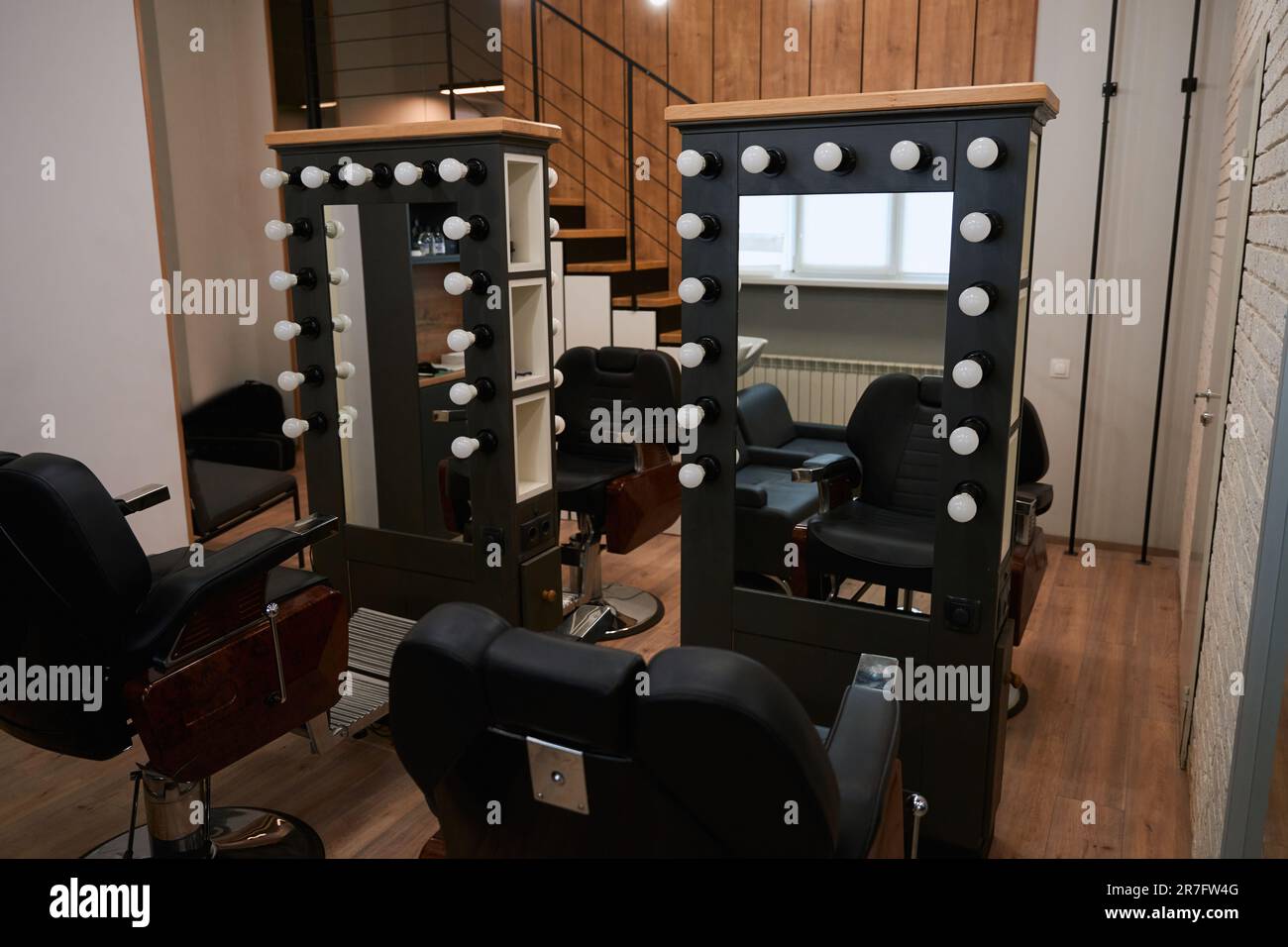 Eco-friendly barber workplace in a barbershop with modern minimalist ...