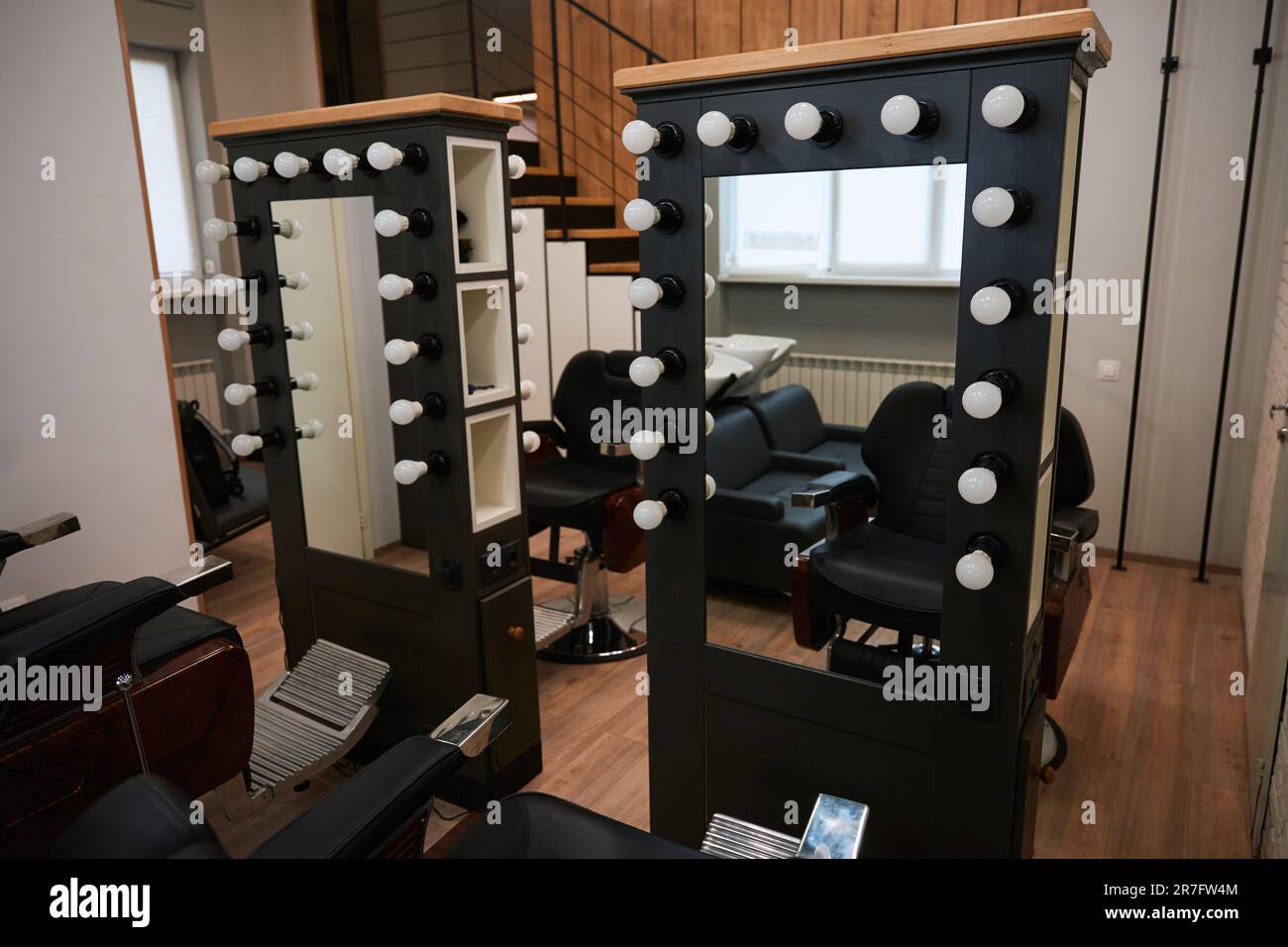 Stylish barber workplace in a barbershop with modern minimalist design ...