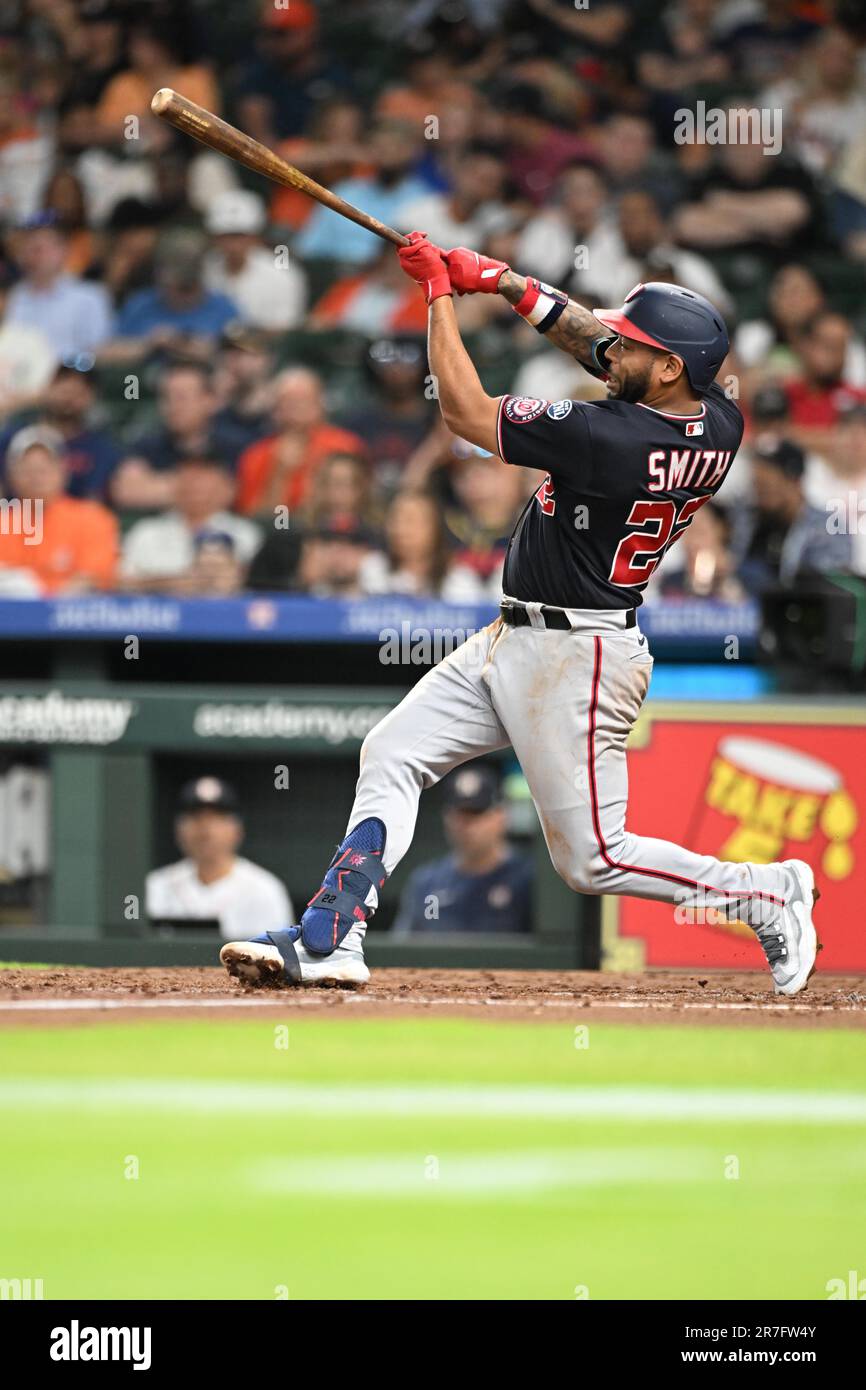Washington Nationals first baseman Dominic Smith (22) lines out to ...