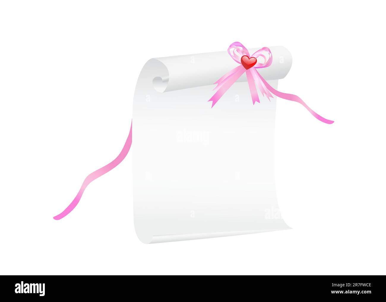 Scroll of white paper with a pink ribbon and red heart, suitable for a ...