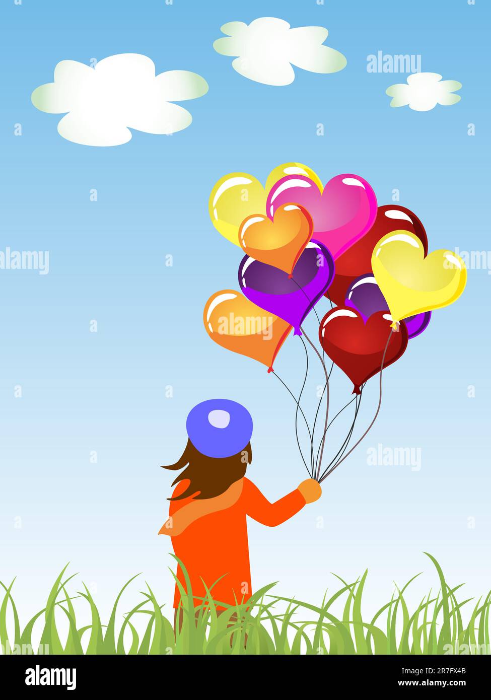 vector eps 10 illustration of a kid with colorful heart balloons in his ...