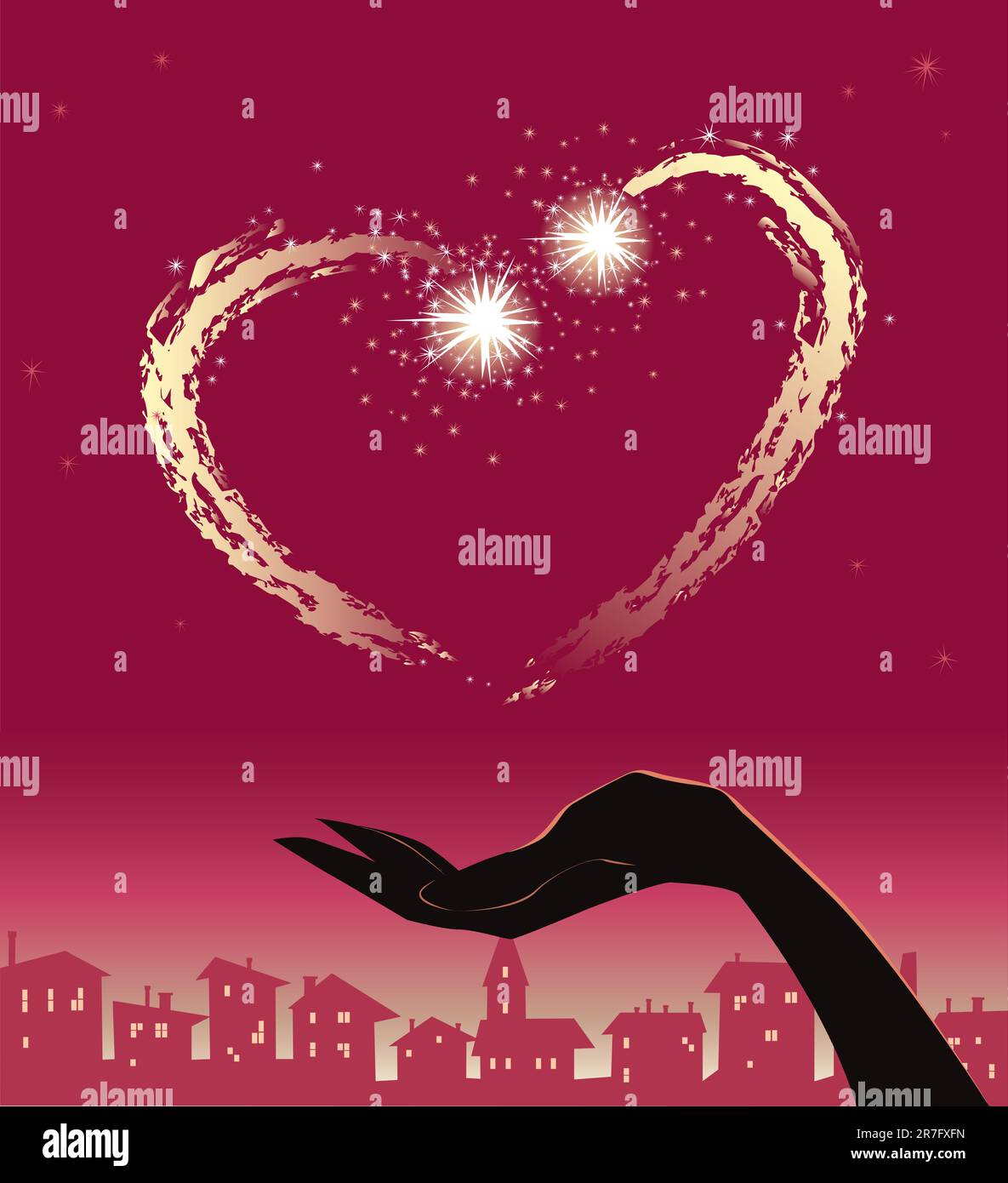 Vector illustration of heart shape fireworks at night sky Stock Vector ...