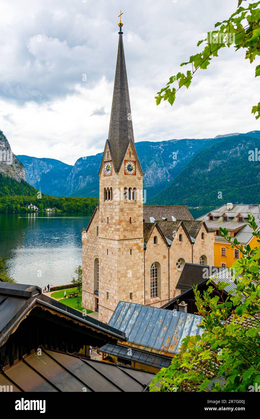 Famous Hallstatt city panorama with typical church near the Hallstatter ...
