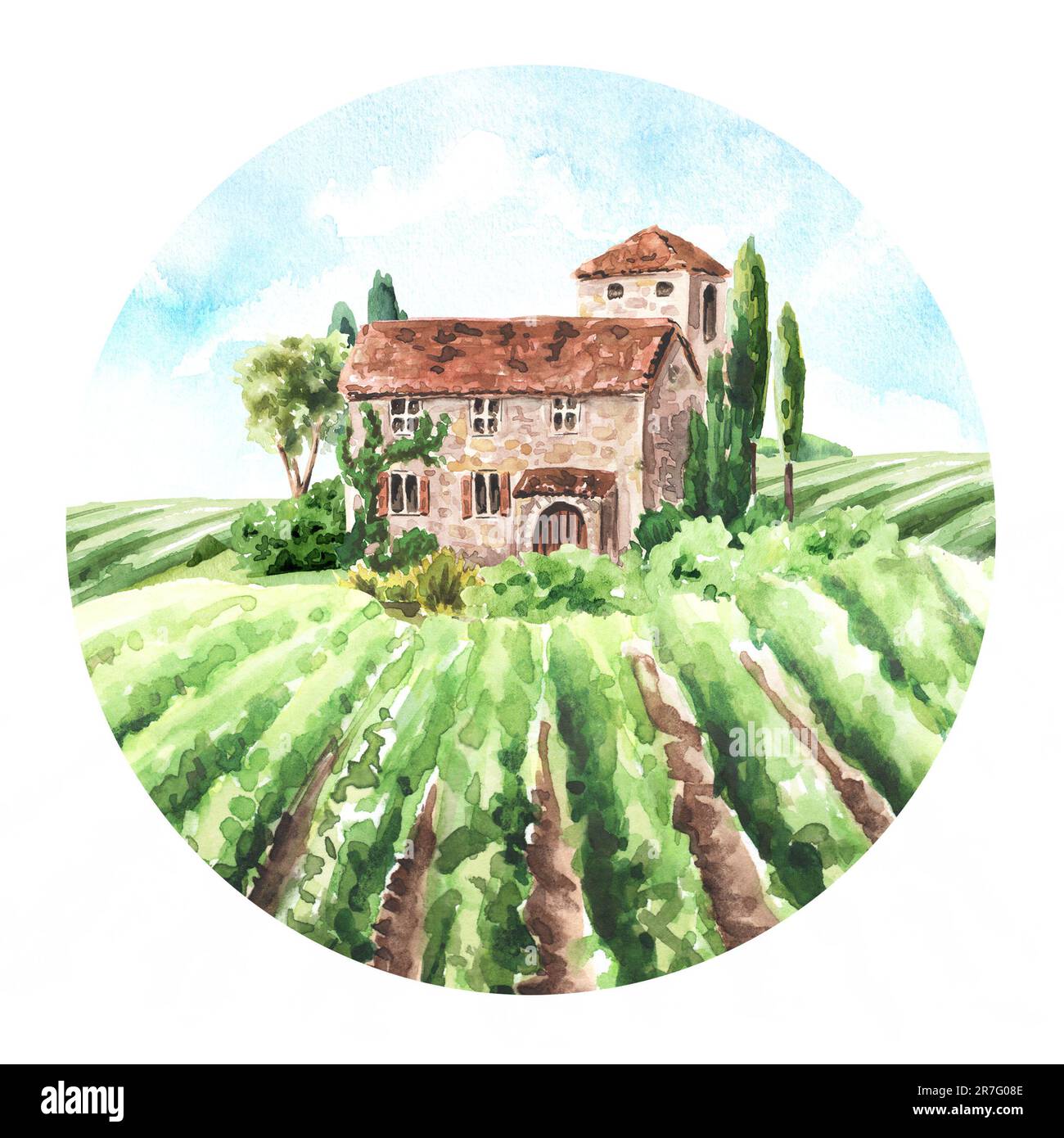 Landscape with vineyard and Tuscan Chateau. Hand drawn watercolor, illustration isolated on ...