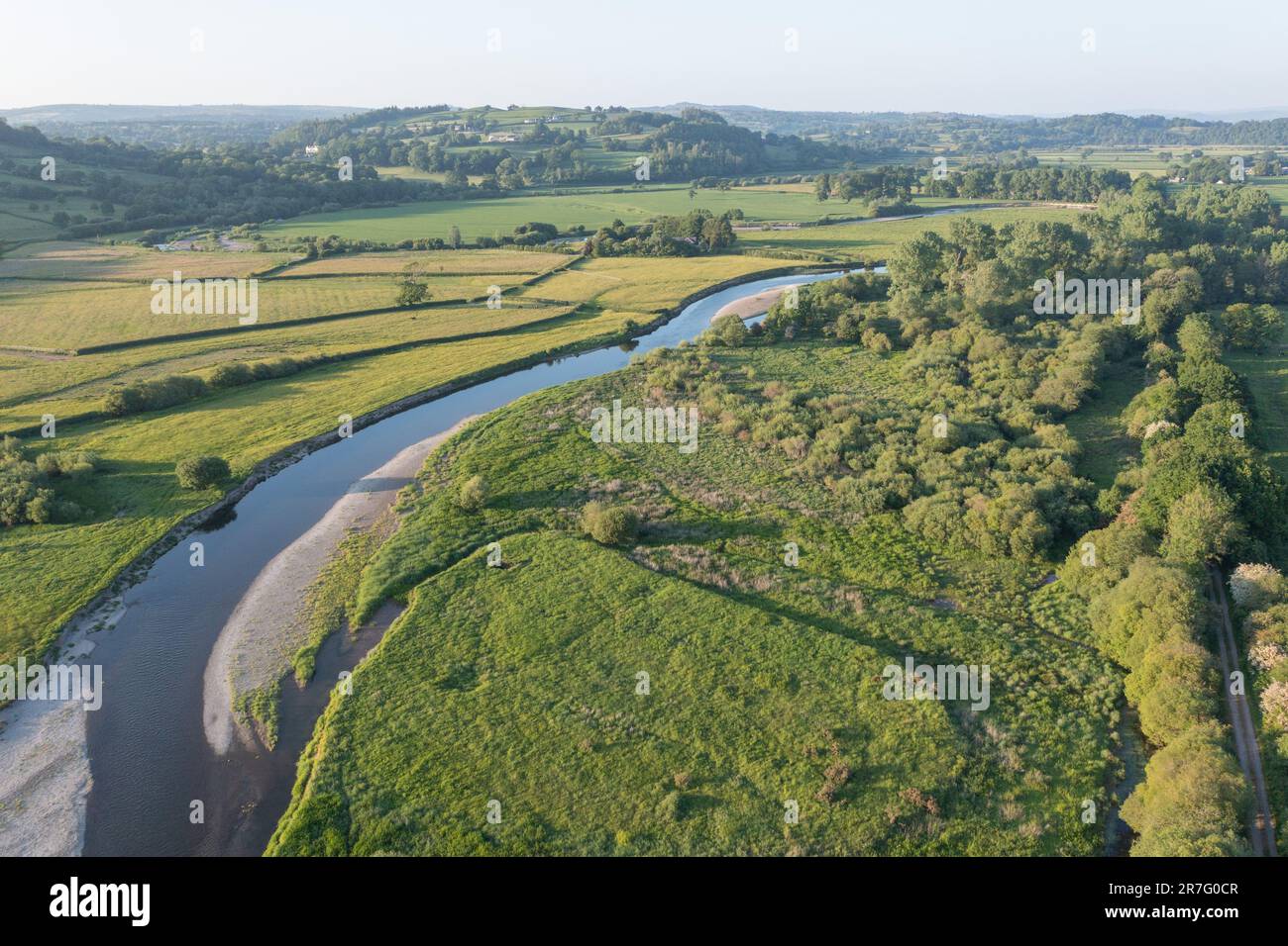 Aerial view of gravel bars and woodland along the banks of the River ...