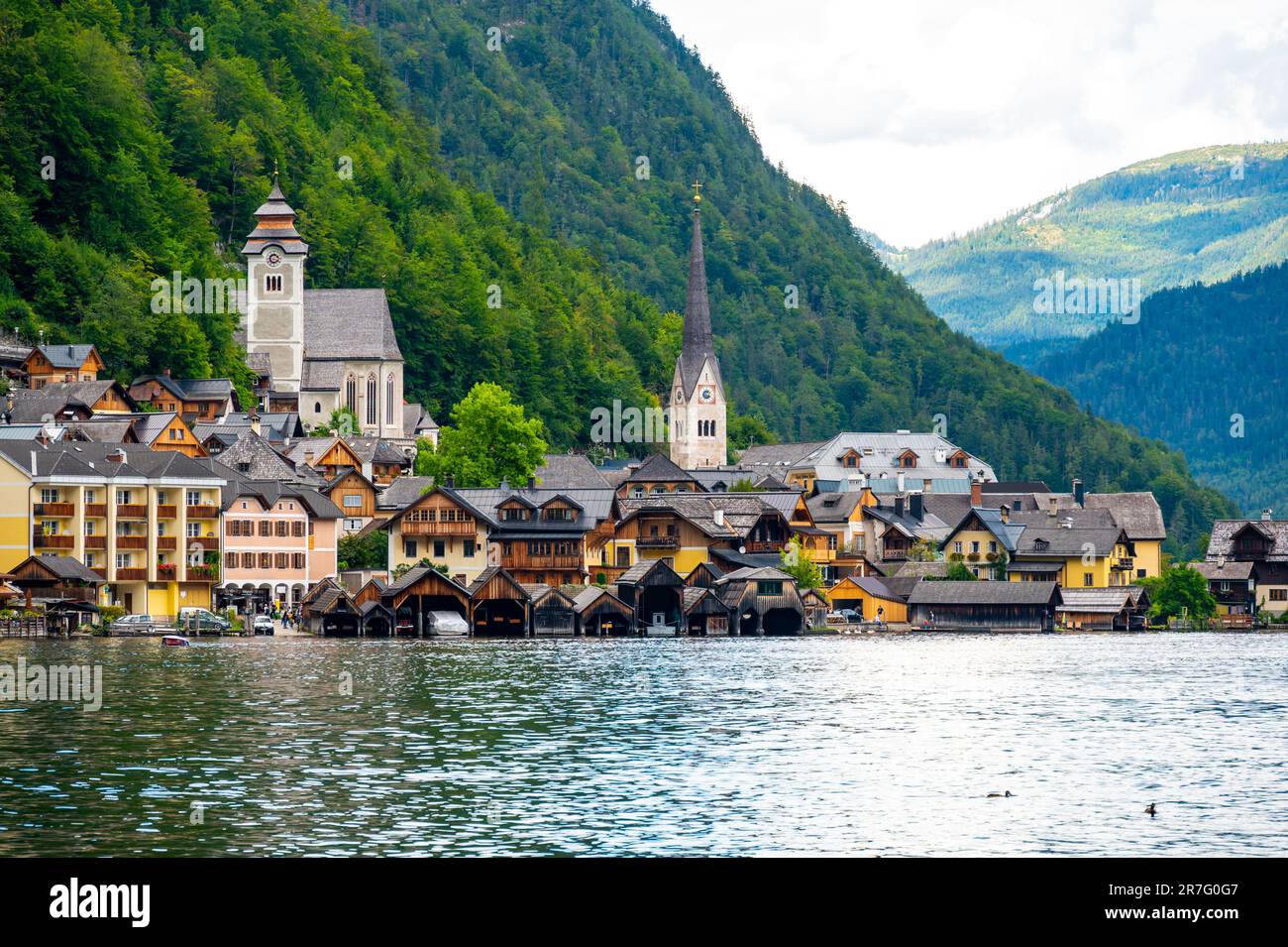 Famous Hallstatt city panorama with typical church near the Hallstatter ...