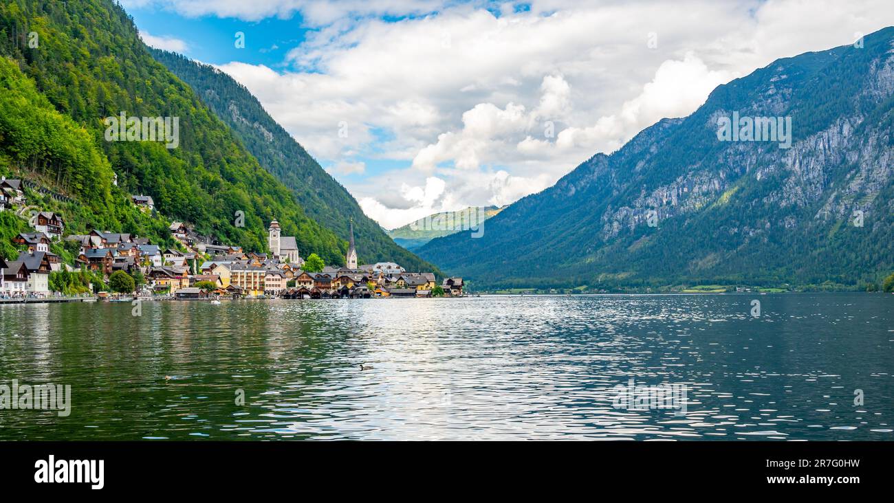Famous Hallstatt city panorama with typical church near the Hallstatter ...