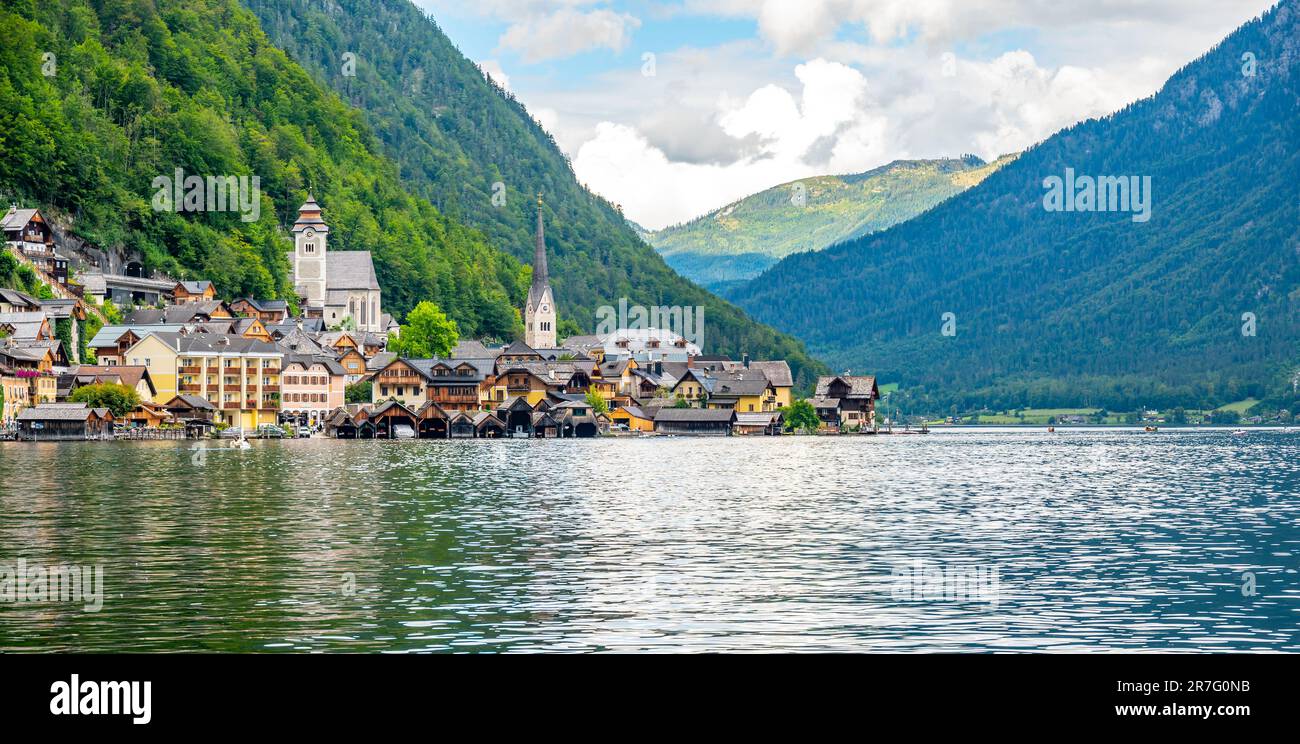 Famous Hallstatt city panorama with typical church near the Hallstatter ...